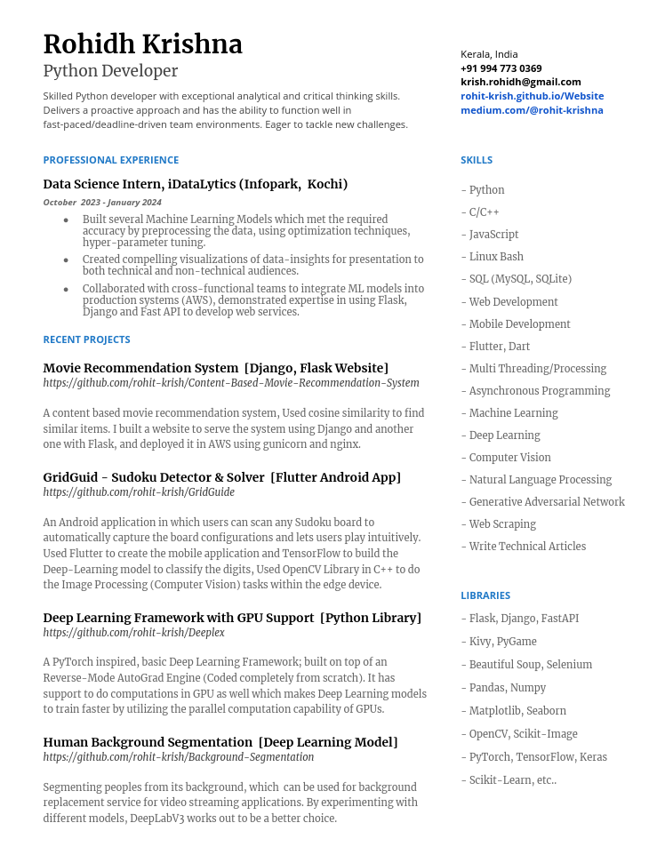 Rohidh Krishna - Resume